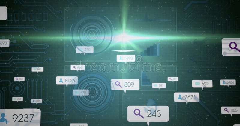 Animation of Digital Data Analytics with Search Icons on Green ...