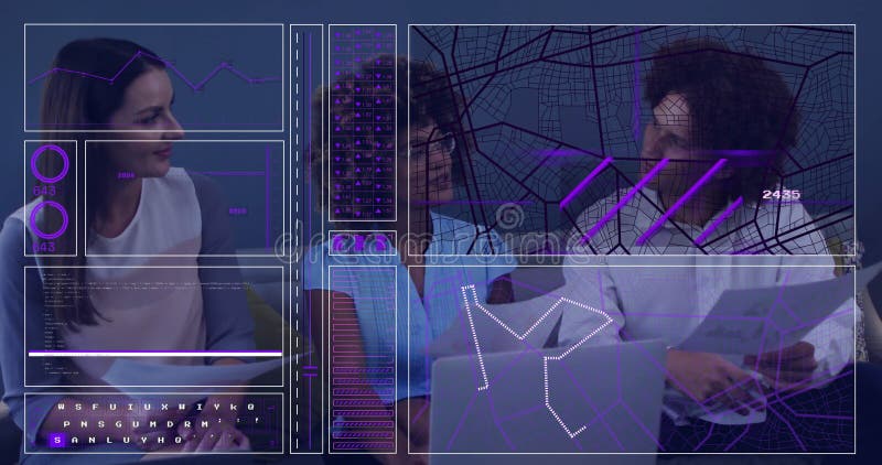 Animation of Digital Data and Graphs Overlaying Professionals Working ...
