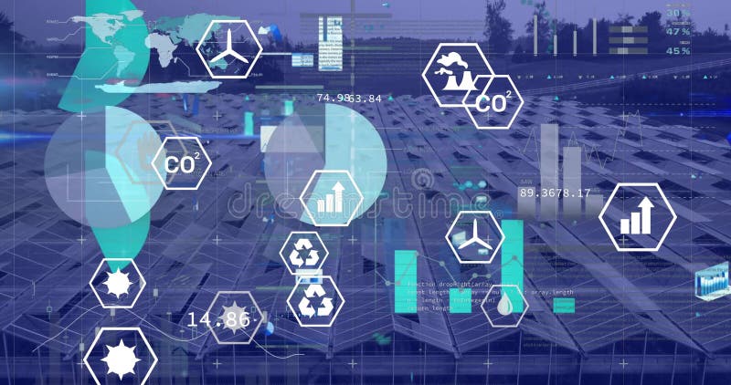 Animation of Digital Data Processing and Eco Icons Over Solar Panels ...