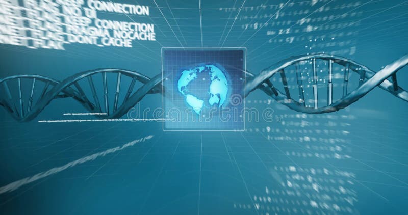 Animation of Digital Data Processing, Globe Over Dna Strand Stock Video ...