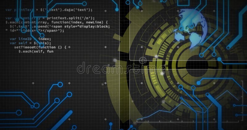Animation Of Digital Globe With Circuit Patterns And Coding Text On