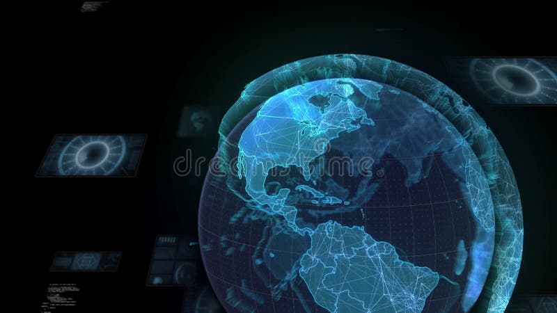Animation of Digital Globe and Display Screens Moving with Computer Icons and Programming Codes ...