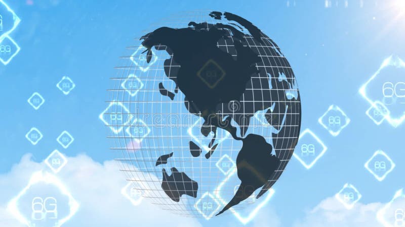 Animation of Digital Globe with 8G Network Symbols Floating in Blue Sky ...