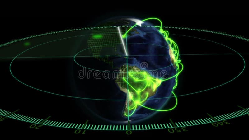 Animation of Digital Globe with Green Data Lines and Radar Grid on ...