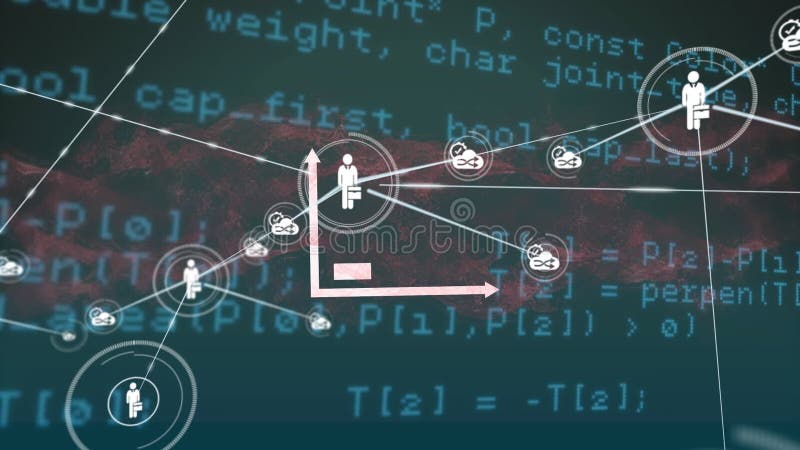 Animation of Digital Graphs and Icons Connecting with Lines Over Moving Programming Code Stock ...