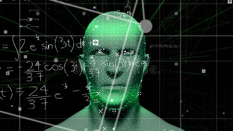 Animation of Digital Head and Mathematical Equations on Black ...