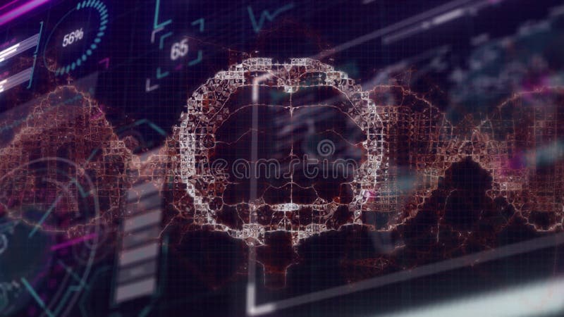 Animation of Digital Human Brain and Dna Helix Rotating Against Hud Interface Screens Stock ...