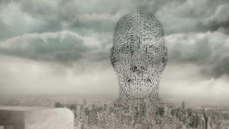 Animation of Digital Human Figure with Binary Code in Cloudy Cityscape ...
