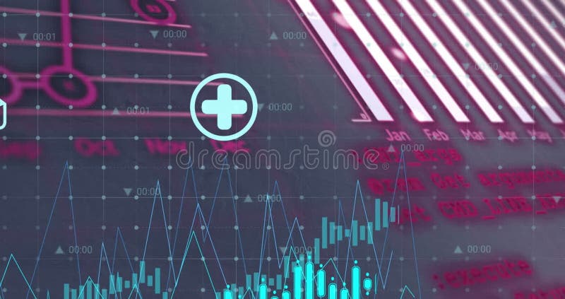 Animation of Digital Icon Over Grid Network Against Statistical Data Processing on Grey ...