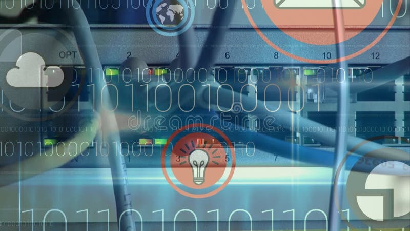 Animation of Digital Icons with Binary Coding Over Computer Server in Background Stock Video ...