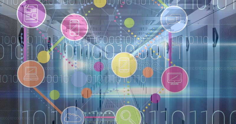 Animation of Digital Icons, Binary Coding Over Computer Servers in Background Stock Video ...