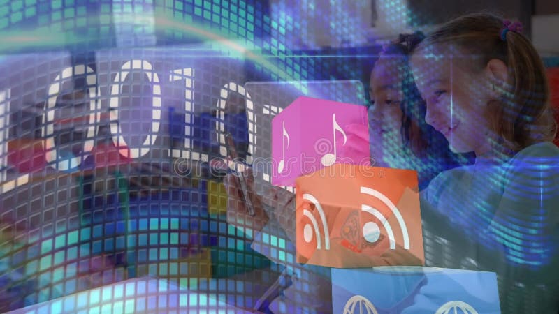 Animation of Digital Icons and Binary Coding Over Diverse Girls Using Digital Tablet at School ...