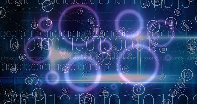 Animation of Digital Icons and Binary Coding Over Purple Glowing Circles in Background Stock ...
