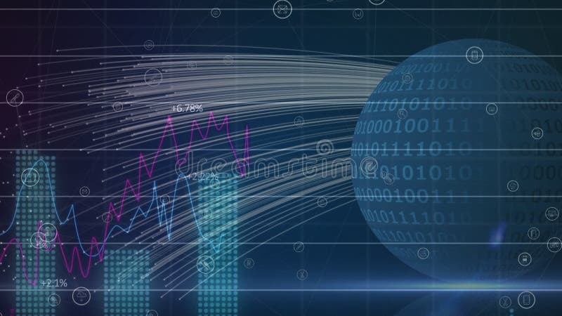 Animation Of Digital Icons And Data Processing Over Globe With Binary Coding In Background Stock
