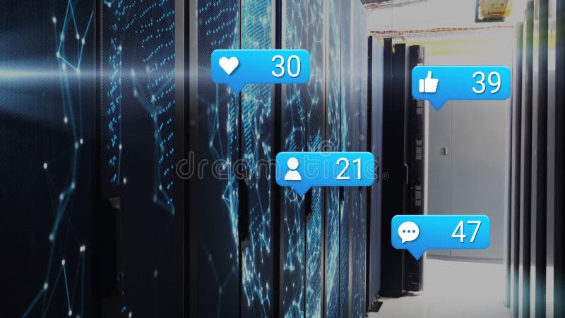Animation of Digital Icons Floating Over Data Servers in Technology ...