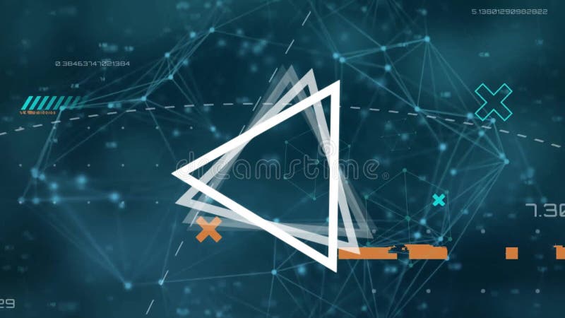Animation of Digital Icons and Moving Triangles on Blue Background ...