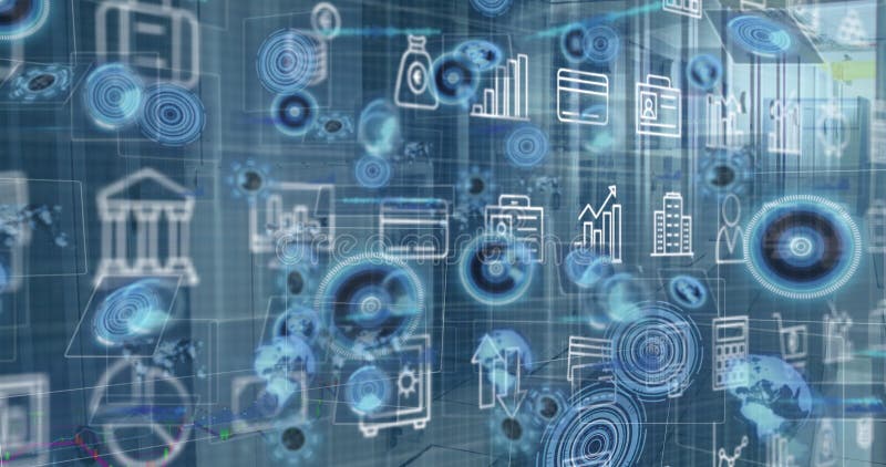 Animation of Digital Icons and Multiple Round Scanners Against Computer ...