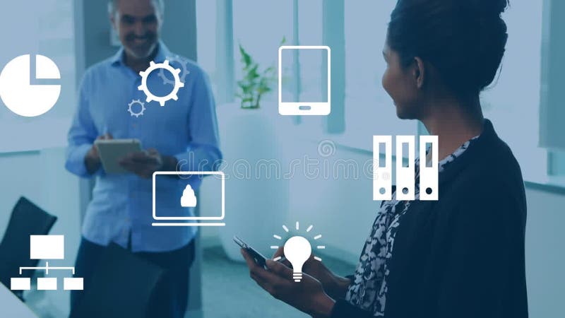 Animation of Digital Icons Over Diverse Man and Woman Using Electronic ...