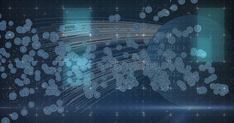 Animation of Digital Icons Over Globe with Binary Coding in Background Stock Footage - Video of ...