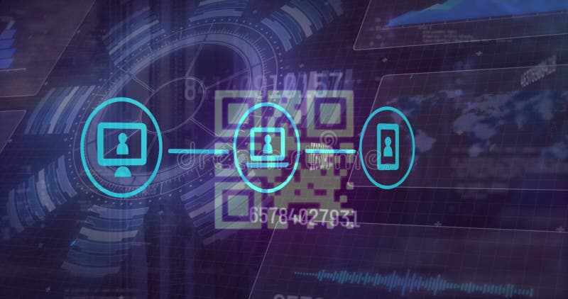 Animation of Digital Icons Over Qr Code and Scope with Screens Stock Video - Video of animation ...