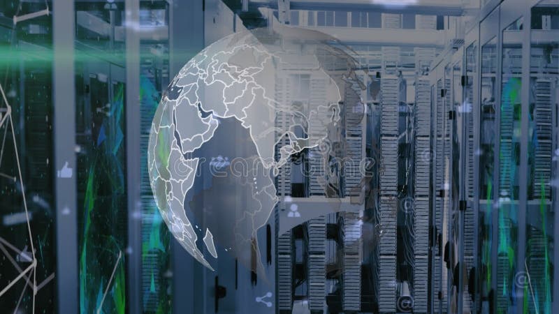 Animation of Digital Icons, Spinning Globe and Plexus Networks Against Computer Server Room ...