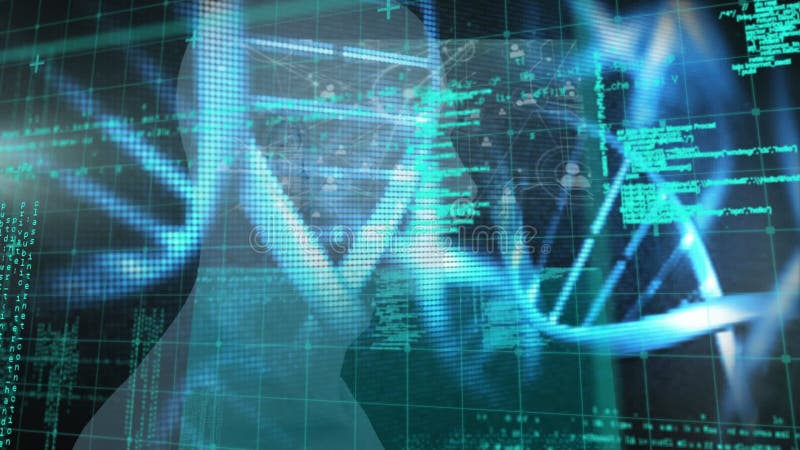Animation of Digital Infographic Interface Over Close-up of Digital Human and Programming Data ...