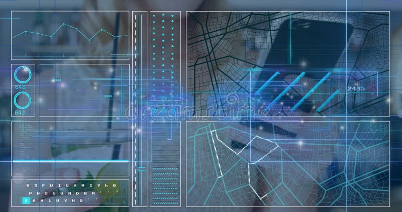 Animation of Digital Interface with Data Graphs and Maps on Blurred ...