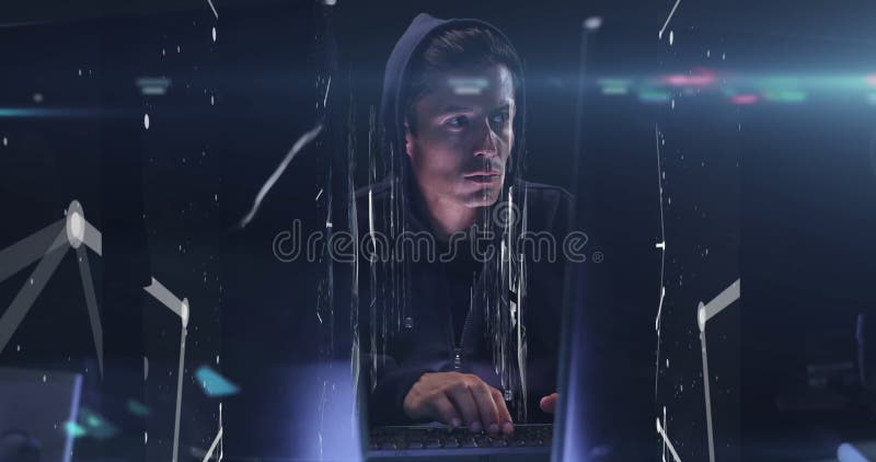 Screens of Network of Connections Against Male Hacker Using Computer Stock Video - Video of line ...