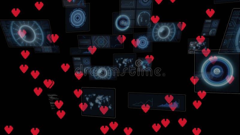 Animation of Digital Interface with Red Heart Icons on Futuristic ...