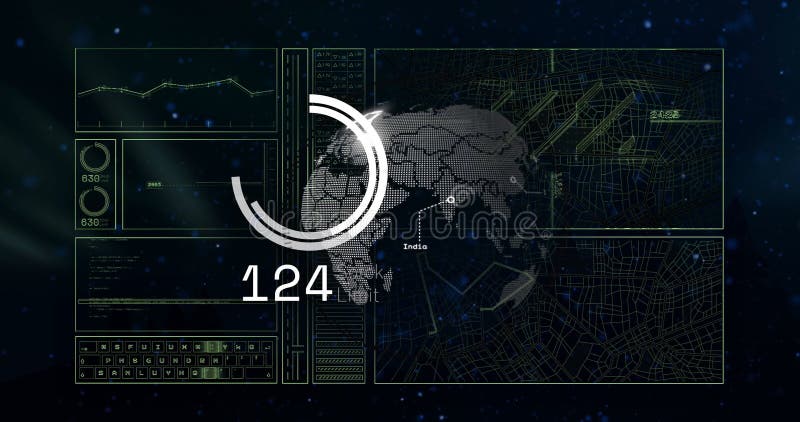 Animation of Digital Interface with World Map, Data Graphs, Number 124 Highlighted Stock Video ...