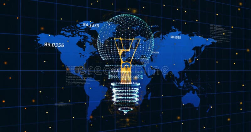 Animation of Digital Lightbulb and Media Icons Over World Map and Data ...