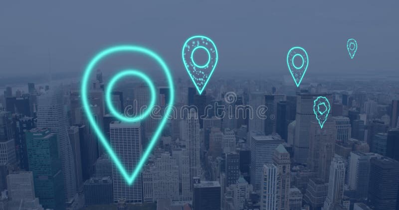 Animation of Digital Location Icons Flying Over Cityscape Stock Video ...