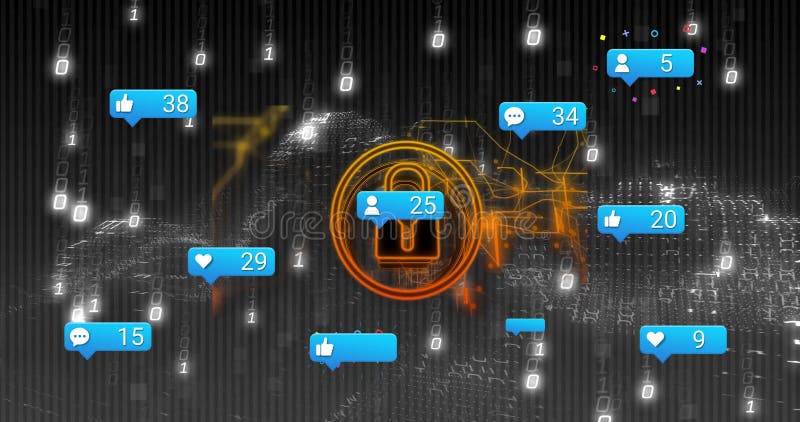 Animation of Digital Lock with Social Media Notifications Over Binary Code Background Stock ...