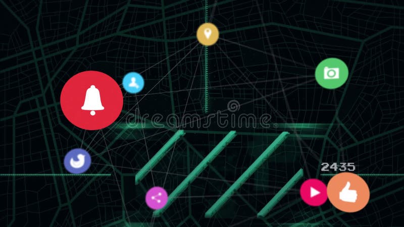 Animation of Digital Map Interface with Notification Icons Over Grid ...