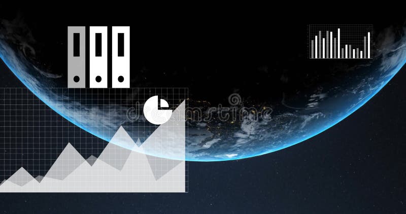 Animation of Digital Media Icons and Charts Processing Data Over Globe ...