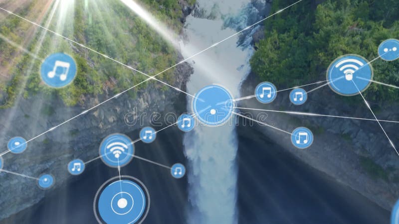 Animation of Digital Network Icons Overlaying Waterfall in Lush Green ...