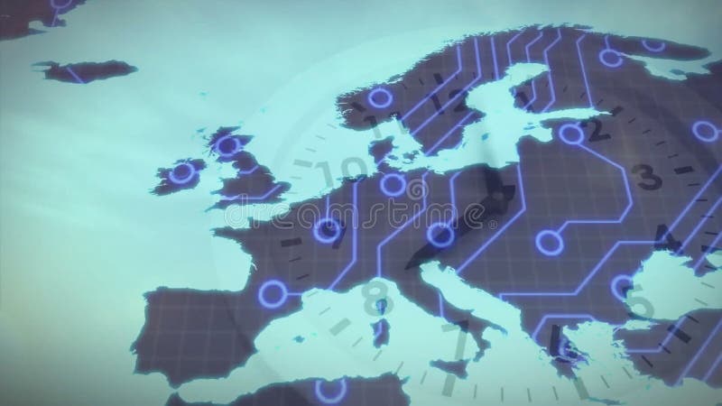 Animation of Digital Network Overlay on European Map with Clock and ...