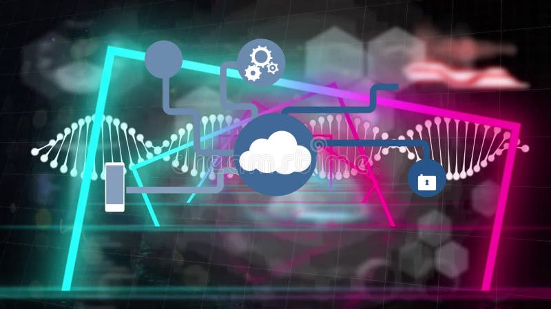 Animation of Digital Screen with Dna, Hexagons and Tech Icons Stock ...