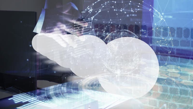 Animation of Digital Screen with White Shape Over Hands of Caucasian ...