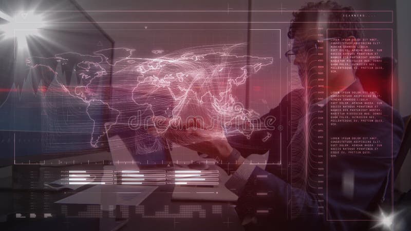 Animation of Digital Screen with World Map Over Caucasian Male Engineer ...