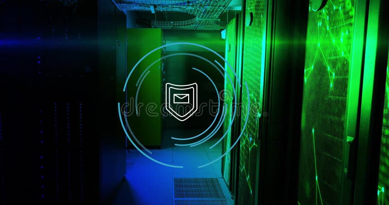 Animation of Digital Security Icon in Glowing Data Center Corridor with ...