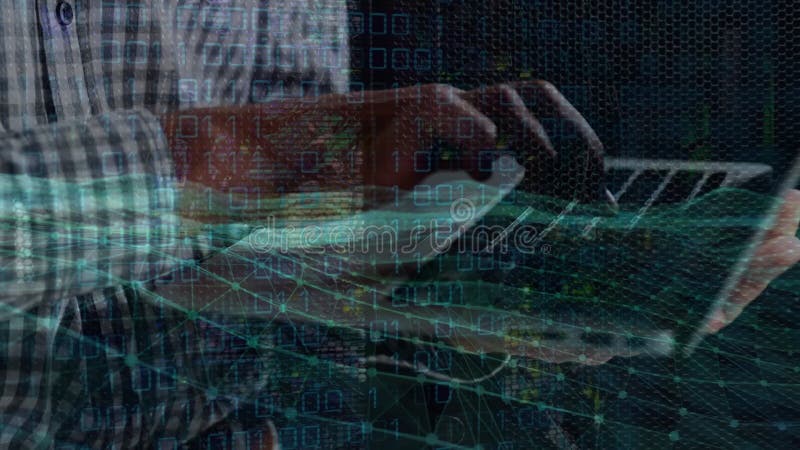 Animation of Digital Wave and Binary Coding Over Mid Section of a Man ...