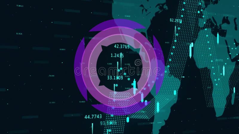 Animation of Digital World Map with Data Points and Circular Graphic Overlay Stock Footage ...