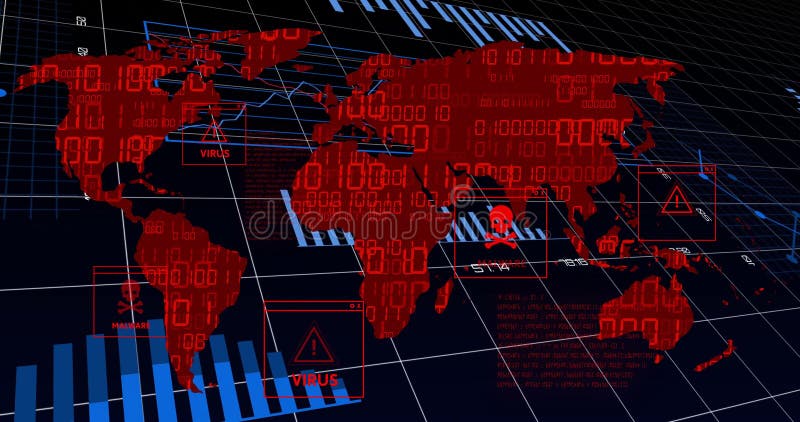 Animation of Digital World Map Displaying Virus Warnings and Binary Code Overlay Stock Video ...