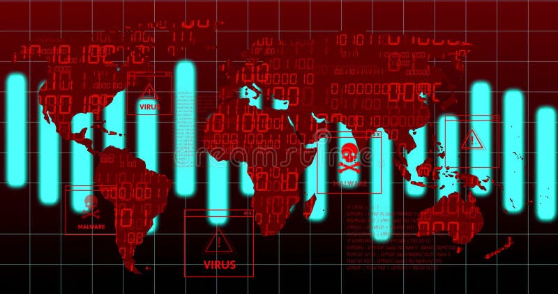 Animation of Digital World Map Displaying Virus Warnings Over Binary Code Backdrop Stock Footage ...