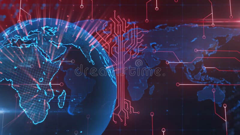 Animation of Digital World Map with Glowing Circuits and Network ...