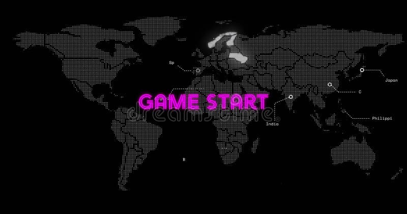Animation of Digital World Map with Highlighted Cities and Game Start ...