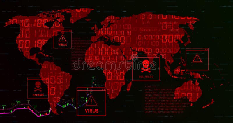 Animation of Digital World Map with Virus Alerts in Red Binary Code Stock Video - Video of ...