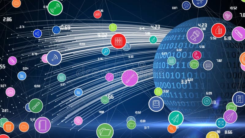 Animation of Diverse Colorful Technology Icons Over Globe with Binary ... Animation of Diverse Colorful Technology Icons Over Globe with Binary ...