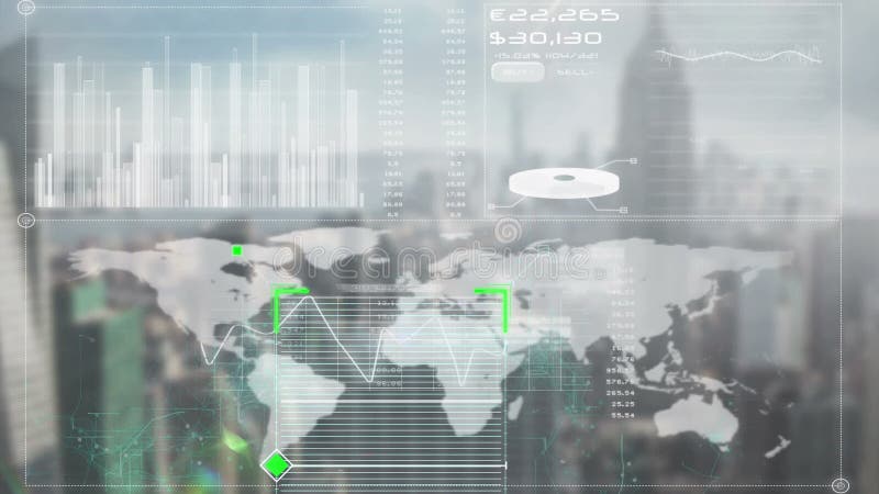 Animation of Diverse Data on Screen and World Map Over Cityscape Stock ...